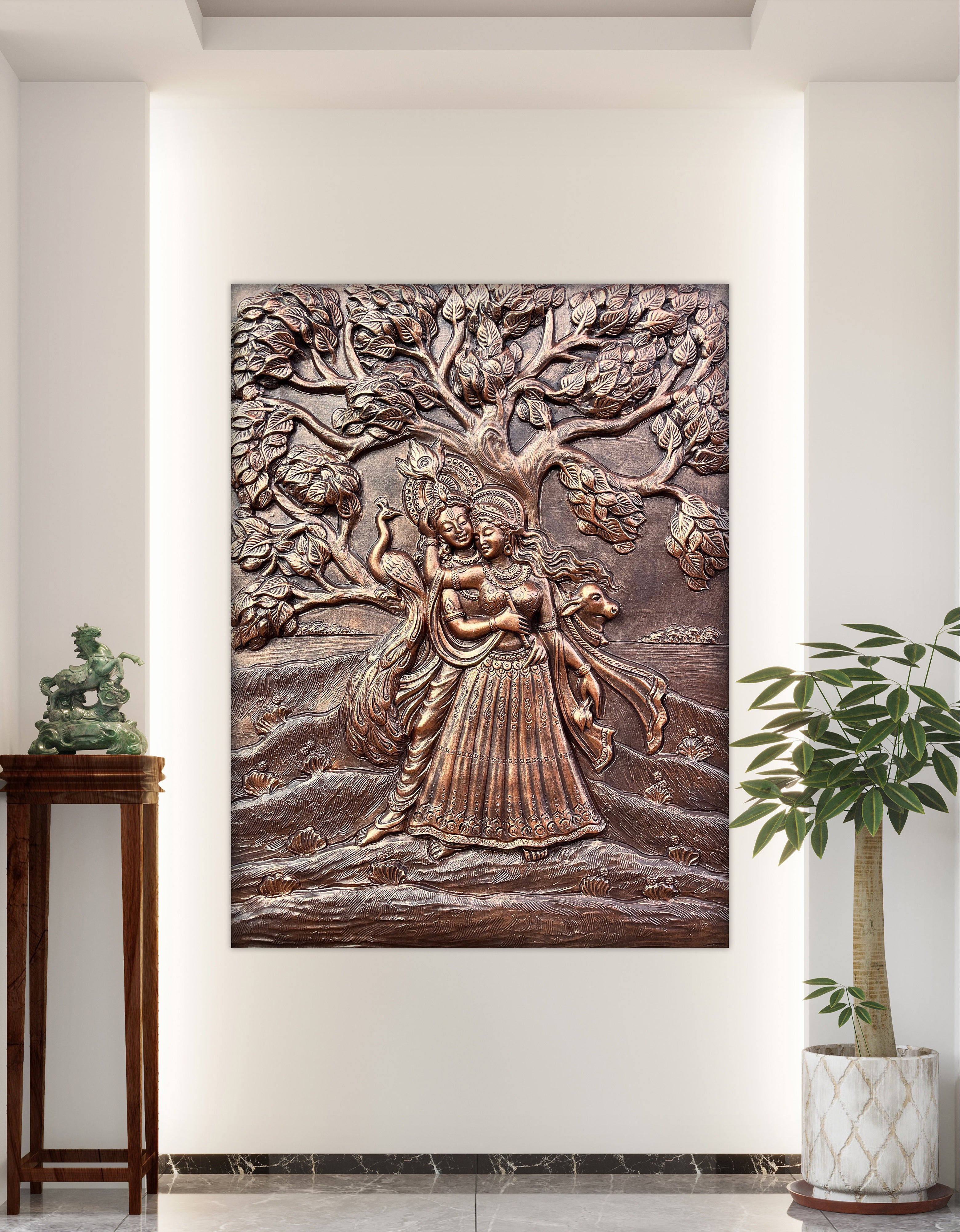 4x3 Feet Radha Krishna Romantic 3D Relief Wall Mural | Ready-to-Hang S ...