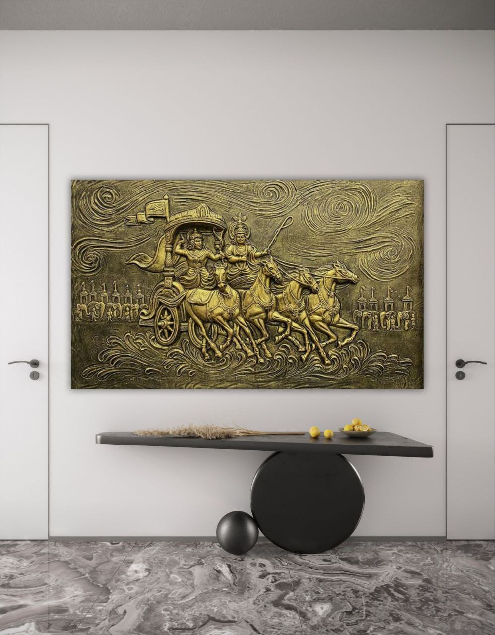 5x3 Feet Lord Krishna & Arjuna Rath – Mahabharat 3D Relief Mural – Artgatha