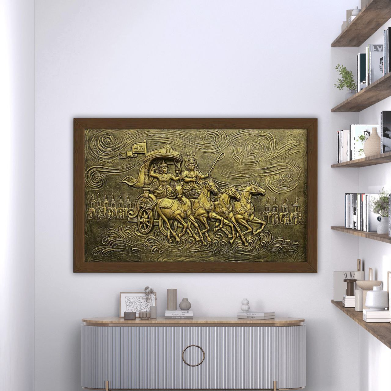 5x3 Feet Lord Krishna & Arjuna Rath – Mahabharat 3D Relief Mural – Artgatha